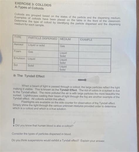 Solved EXERCISE 3 COLLOIDS A Types Of Colloids Colloids Are Chegg Com