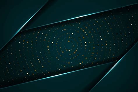 검은 색 겹치는 레이어가 있는 짙은 녹색 조명 추상적 배경입니다 가벼운 효과와 황금 반짝이 점 요소 장식과 현실적인 질감 3차원 형태에 대한 스톡 벡터 아트 및 기타 이미지