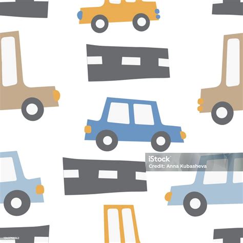 자동차와 어린이 패턴 자동차 수송 길 벡터 핸드 그린 컬러 매끄러운 디지털 프린트 0명에 대한 스톡 벡터 아트 및 기타 이미지 0명 교통 귀여운 Istock