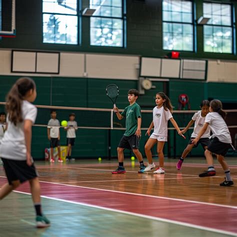 A Dynamic Pe Class With Students Practicing Tennis Premium Ai