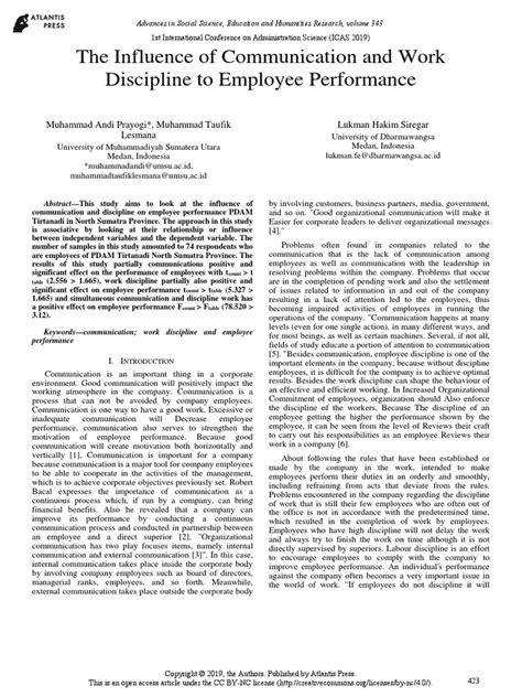 The Influence Of Communication And Work Discipline To Employee Performance Pdf Regression