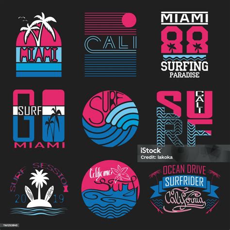 여름과 서핑 테마와 티셔츠의 벡터 이미지 의 집합입니다 서핑 타이포그래피 로고 배지 및 기타 용도에 사용하십시오 벡터에 대한
