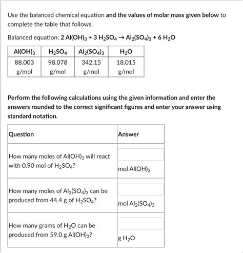Solved Use The Balanced Chemical Equation And The Values Of