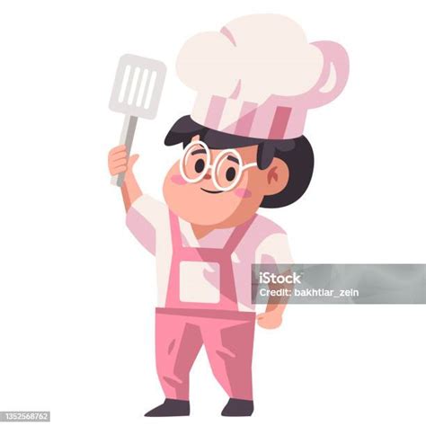 어린이 아이들은 요리 요리사 모자를 사용하고 패들 키친 기구 만화 플랫 컬러 고립 된 배경 벡터 일러스트레이션을 들고 있습니다 가정 주방에 대한 스톡 벡터 아트 및 기타