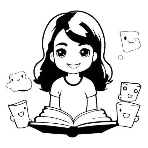 책 읽는 귀여운 소녀 평평한 만화 스타일의 터 일러스트레이션 프리미엄 벡터