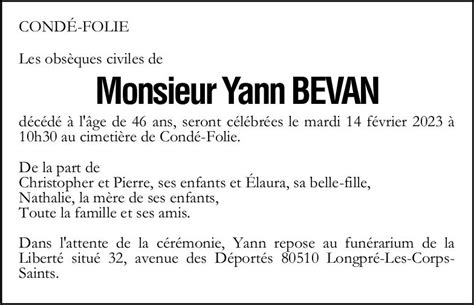 Avis De Décès De Yann Bevan Pompes Funèbres Liberté Brusadelli