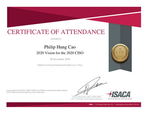 Isaca 2020 Vision For The 2020 Ciso Certificate Of Attendance Dr Philip Cao