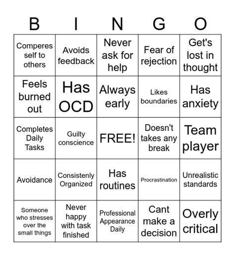 Perfectionism Bingo Card