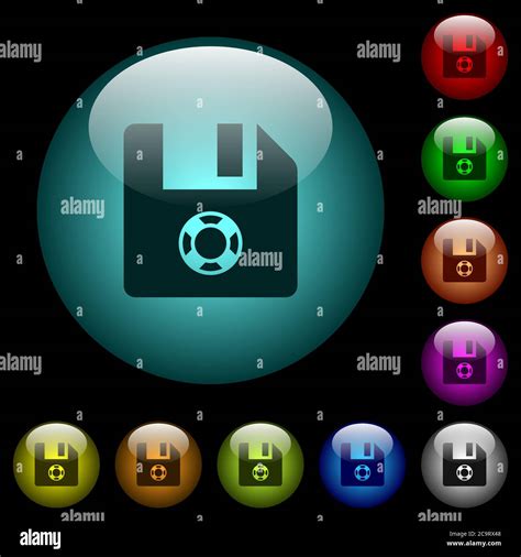 Help File Icons In Color Illuminated Spherical Glass Buttons On Black Background Can Be Used To