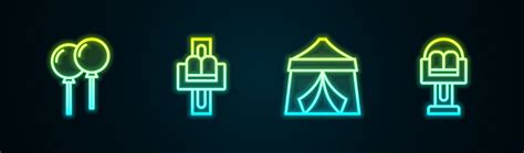 리본 어트랙션 회전 목마 서커스 텐트와 세트 라인 풍선 빛나는 네온 아이콘 벡터 공연에 대한 스톡 벡터 아트 및 기타 이미지