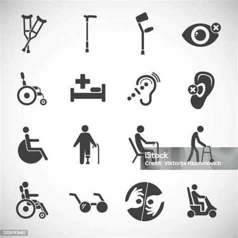 그래픽 및 웹 디자인의 배경에 설정된 인간 장애 관련 아이콘입니다 웹 또는 모바일 앱에 대한 창조적 인 일러스트 개념 기호입니다 건강관리와 의술에 대한 스톡 벡터 아트 및