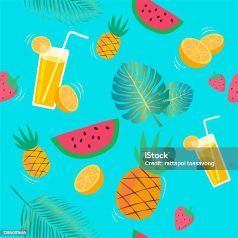 녹색 배경에 파인애플과 육즙 딸기와 원활한 패턴 직물과 장식을위한 과일 믹스 디자인 밝은 여름 과일 일러스트 0명에 대한 스톡