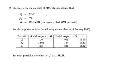 solved starting with the universe of mmi stocks assume