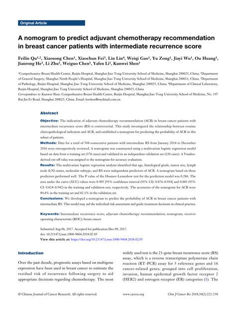 pdf a nomogram to predict adjuvant chemotherapy recommendation in breast cancer patients with