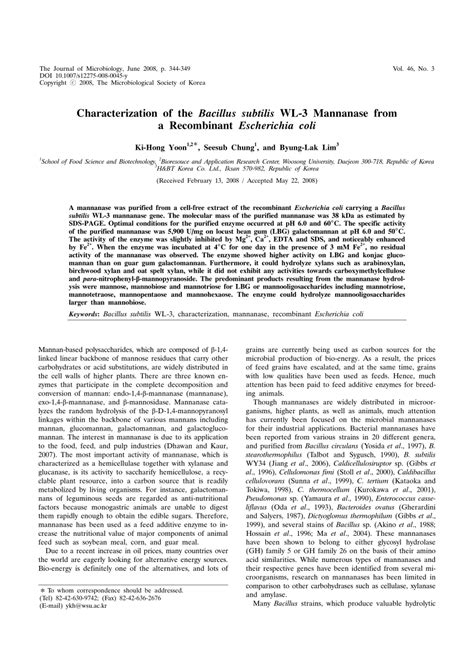 Pdf Characterization Of The Bacillus Subtilis Wl 3 Mannanase From A Recombinant Escherichia Coli