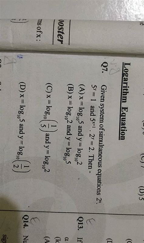 logarithm equation q7 given system of simultaneous equations 2x 5y 1 an