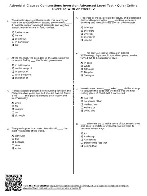 354 Adverbial Clauses Conjunctions Inversion Advanced Level Test Quiz Online Exercise With