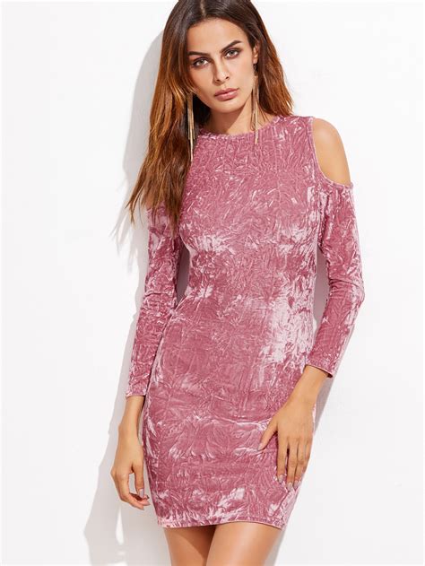 Pink Cold Shoulder Crushed Velvet Bodycon Dress Emmacloth Women Fast
