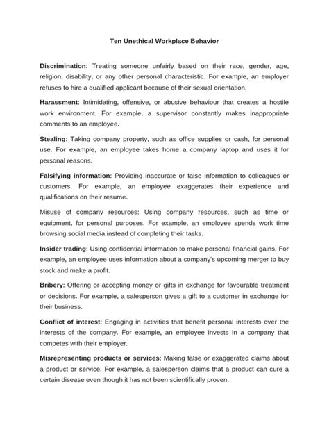 Ten Unethical Workplace Behavior Pdf