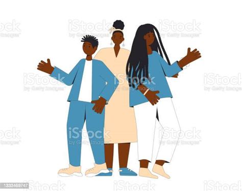 아프리카계 미국인 청소년들이 함께 서 있습니다 캐주얼 한 옷을 입고 젊은 여성과 남성 친구 남자와 여자 벡터 선 그림입니다 3