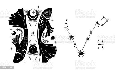 조디악 손으로 그린 물고기자리 기호 고립 된 클립 아트 독특한 점성술 기호 및 별자리 검은 실루엣의 신비한 별자리 기호 현대 벡터 개성 개념에 대한 스톡 벡터 아트 및 기타