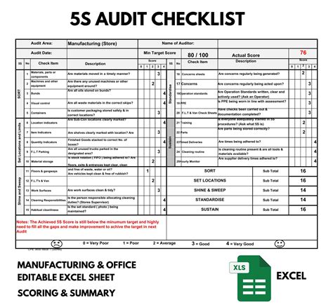 5s Audit Checklist Manufacturing Office Editable Excel Sheet Lean 5s