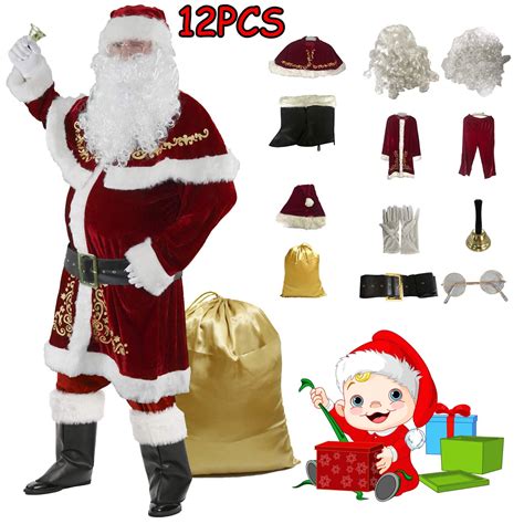 Mens Deluxe Santa Suit 12pc Christmas Adult Santa Claus Costume Meg