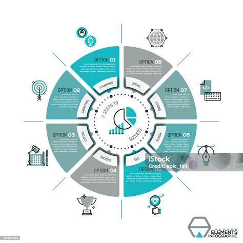 독특한 인포 그래픽 디자인 서식 파일 원형 다이어그램 또는 8 개의 섹터와 원형 차트 인포그래픽에 대한 스톡 벡터 아트 및 기타 이미지 인포그래픽 8 부분의 Istock