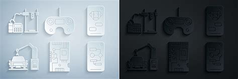 전자 컴퓨터 구성 요소 마더 보드 디지털 칩 봇 산업 기계 로봇 로봇 팔 손 알고리즘 원격 제어 및 3d 프린터 아이콘을 설정합니다 벡터 전화에 대한 스톡 벡터 아트 및