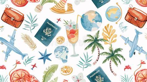 Travel Themed Seamless Pattern With Passport And Touristic Items For Creative Projects Stock