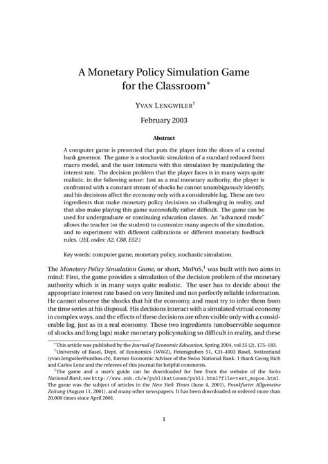 Pdf A Monetary Policy Simulation Game