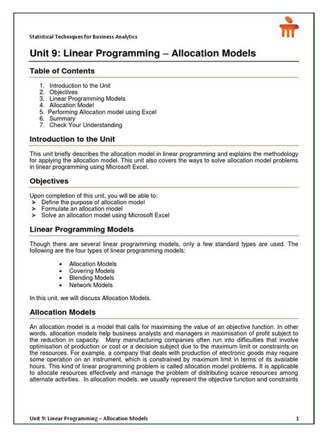 Unit 19 Linear Programming Allocation Models Pdf Mathematical Optimization Linear