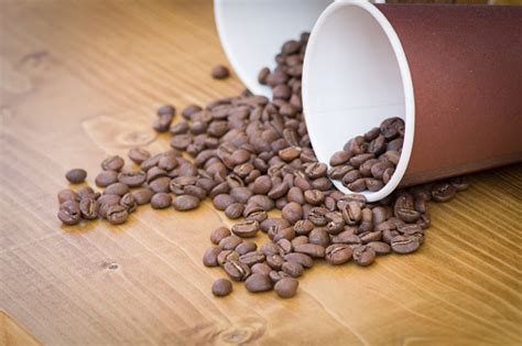 길거리 음식 축제에서 나무 배경에 컵에서 쏟아진 커피 콩 아침 식사에 대한 스톡 사진 및 기타 이미지 아침 식사 0명