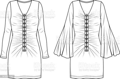 벡터 여성 겨울 드레스 수집 전면 및 긴 소매 패션 Cad 아일렛 기술 도면 템플릿 플랫 스케치와 드레스 저지 또는 짠 직물