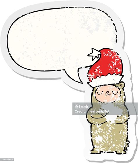 만화 곰 크리스마스 모자를 쓰고 연설 거품 고민 고민 오래 된 스티커 곰에 대한 스톡 벡터 아트 및 기타 이미지 곰 귀여운 그런지 이미지 기법 Istock