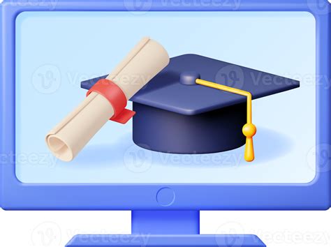 D Computer With Graduation Cap And Diploma PNG