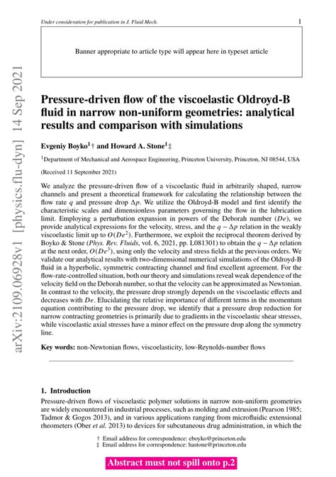 Pdf Pressure Driven Flow Of The Viscoelastic Oldroyd B Fluid In Narrow Non Uniform Geometries