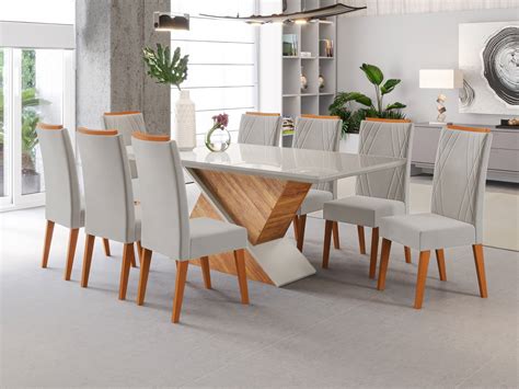 Mesa De Jantar Retangular Pipa Com 8 Cadeiras Madeira Maciça Vegas