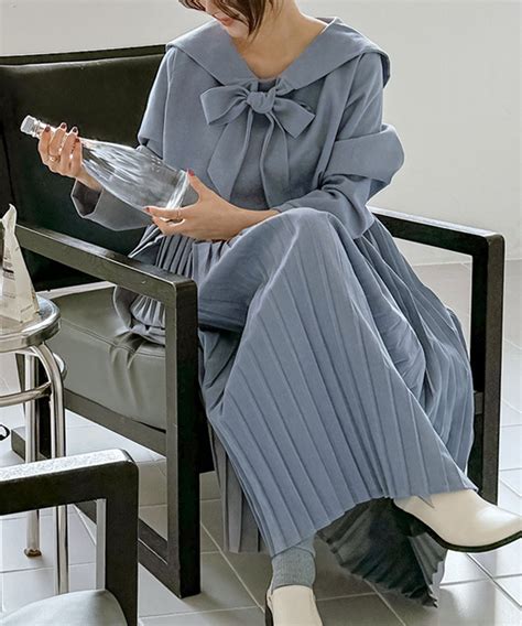 플리츠 리본 타이 롱 원피스 세일러 카라 여성 빅사이즈 에이블리