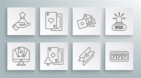 세트 라인 온라인 포커 테이블 게임 심장 카드 놀이 다이아몬드 복권 슬롯 머신 럭키 세븐 잭팟 게임 주사위 카지노 승리 및 손 들고 돈 가방 아이콘 벡터 가능성에 대한 스톡