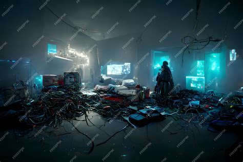 Premium Photo Messy Cyberpunk Hacker Hideoutwith Cyan Christmas Lights Neural Network