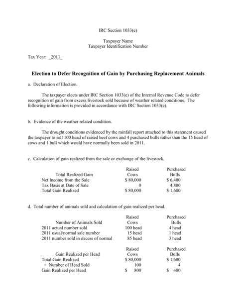 Irc 1033 E Livestock Gain Deferral Tax Form