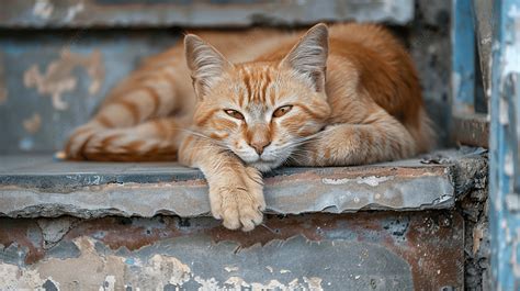 계단 위에 누워 있는 녹슨 길고양이 구르주프 고양이 고양이 흩어진 주황색 배경 일러스트 및 사진 무료 다운로드 Pngtree