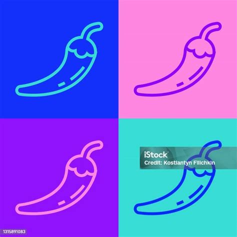 팝 아트 라인 핫 칠리 페퍼 포드 아이콘 색상 배경에 고립 식료품 요리 제품 조미료 및 향신료 패키지 요리 책 디자인 벡터 아이콘에 대한 스톡 벡터 아트 및 기타 이미지