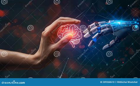 Human Hand Touching A Holographic Brain Interfacing With A Robotic Arm A Metaphor For Ai And