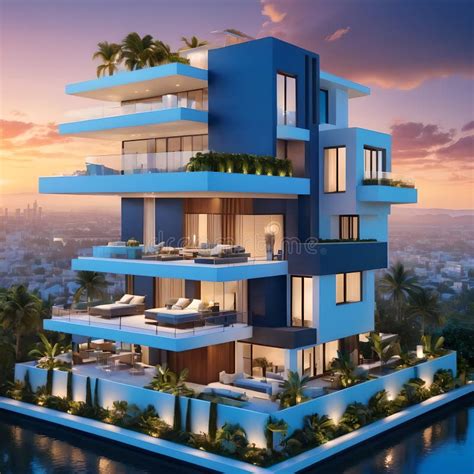 Modern Luxury Apartment Building With Balconies And Water Views Stock Illustration