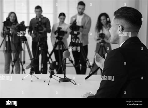 Media Interview Politician Businessman Press Black And White Stock
