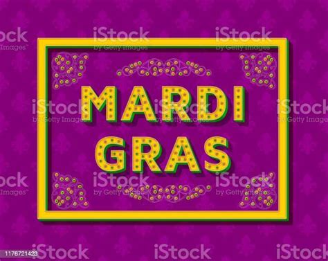 복고풍 양식에 일치시키는 타이포그래피와 마디 그라 배경 템플릿 컬러 버튼 화려한 소용돌이 프레임과 테두리와 3d 글꼴 벡터 그림입니다 Mardi Gras에 대한 스톡 벡터