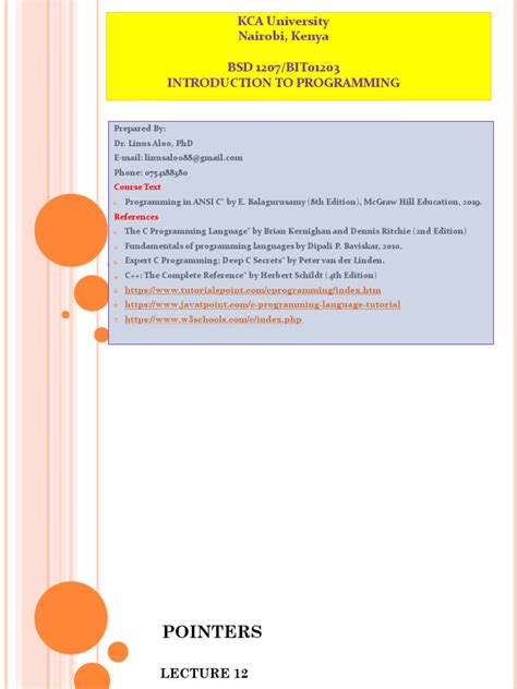 Lecture 12 Pointers Pdf Pointer Computer Programming Integer