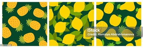 열 대 과일 완벽 한 패턴 세트입니다 파인애플 레몬 배와 사과 패션 디자인입니다 옷 리넨 또는 커튼을 위한 음식 인쇄 손으로